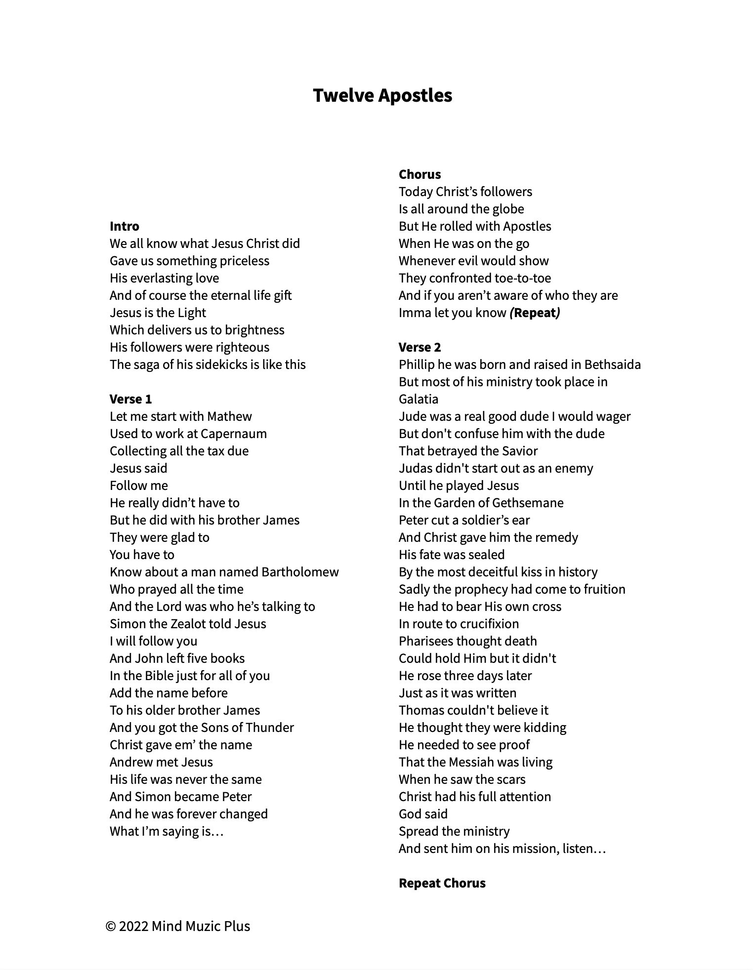 Twelve-Apostles Lesson | Mind Muzic Plus | Education through music.